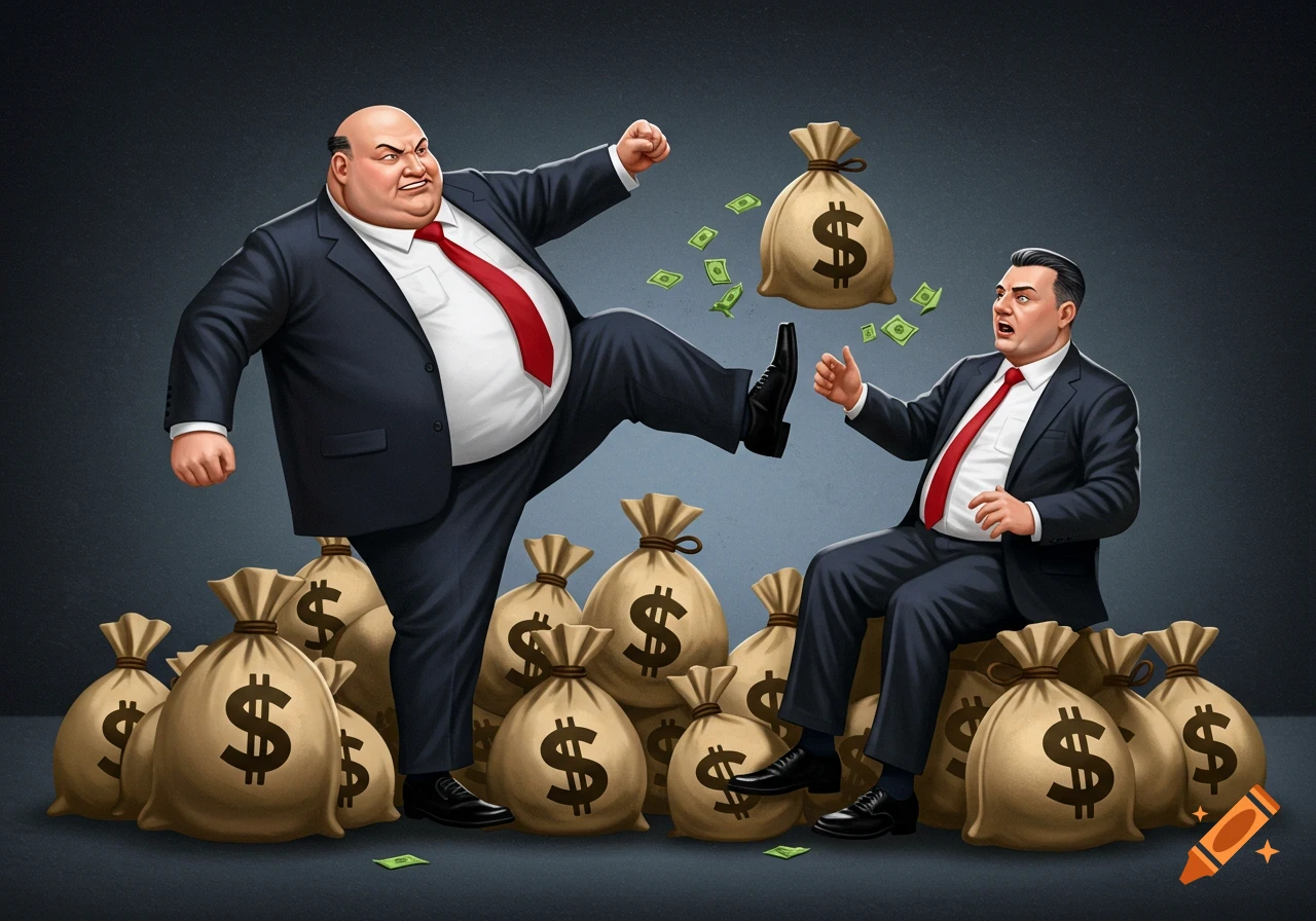 Illustrative cartoon of a large businessman kicking a money bag towards ...