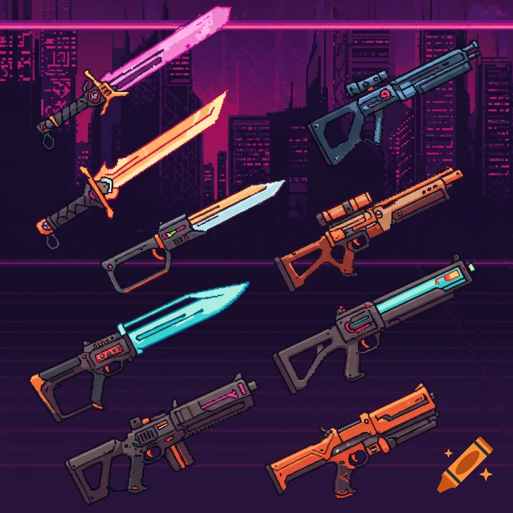 Pixel art collection of cyberpunk weapons including swords and rifles against a city skyline. on ...
