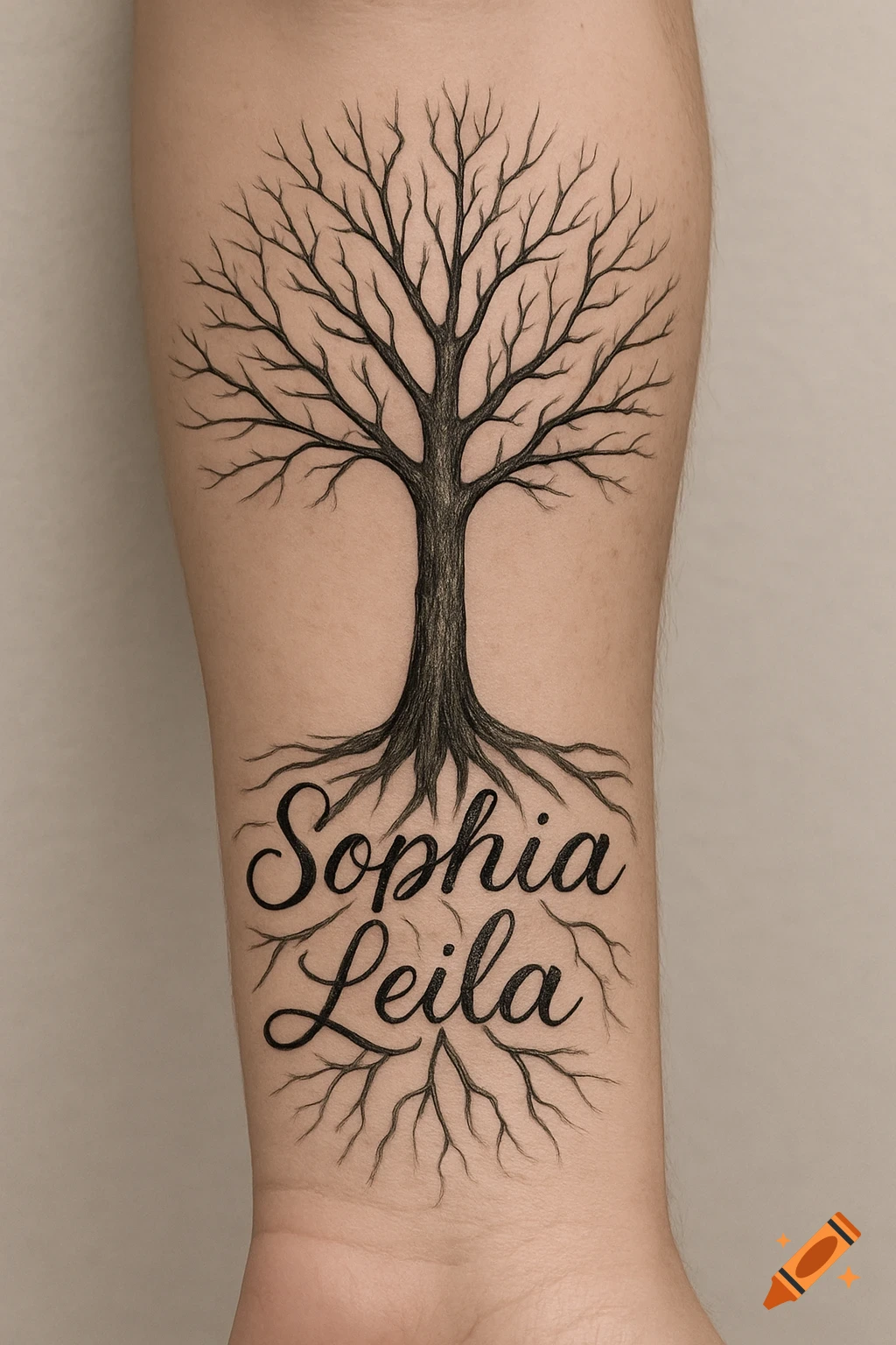 Tree tattoo sketch with roots and names on arm on Craiyon