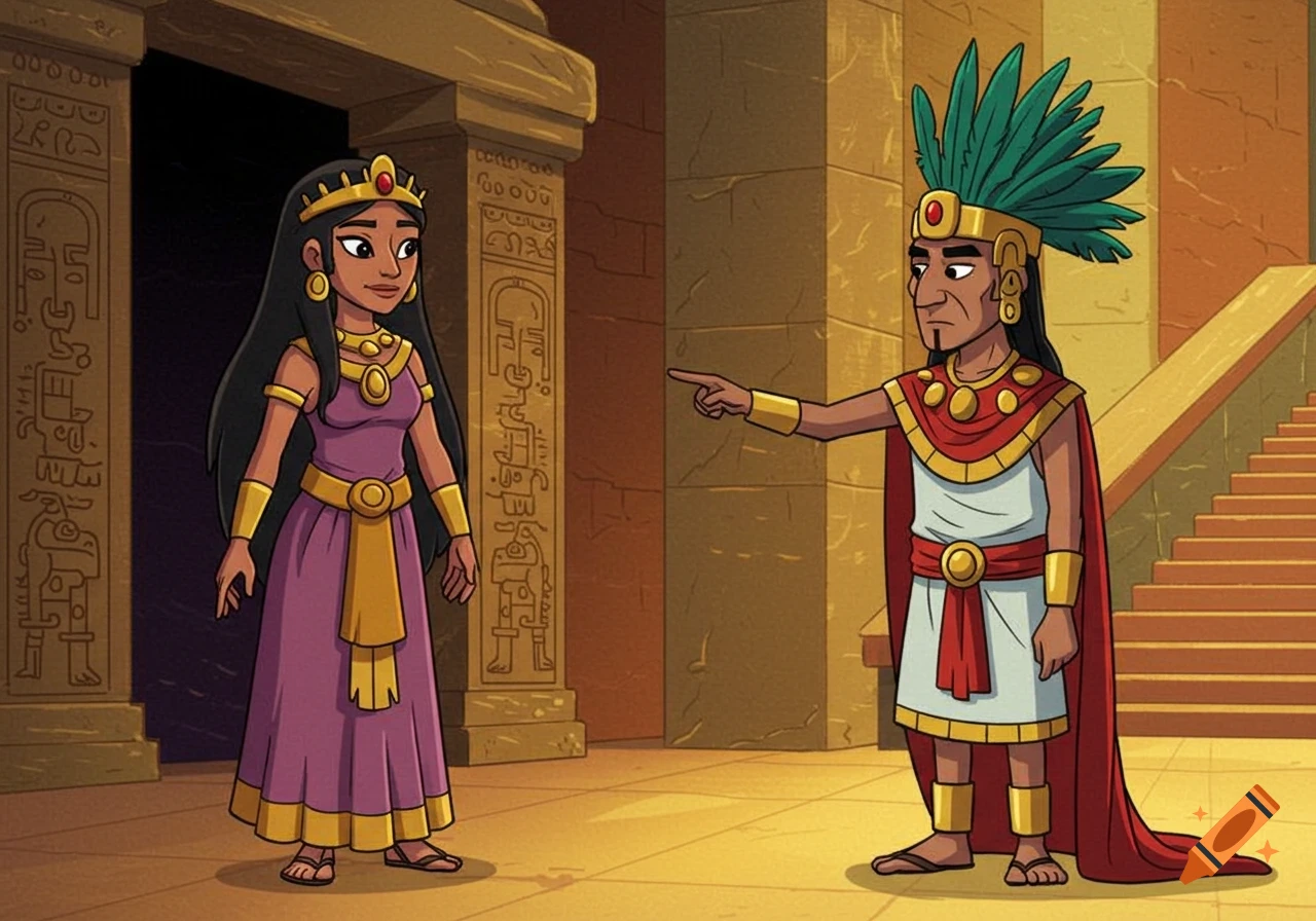 Cartoon of an Aztec princess and emperor in a palace, the emperor ...