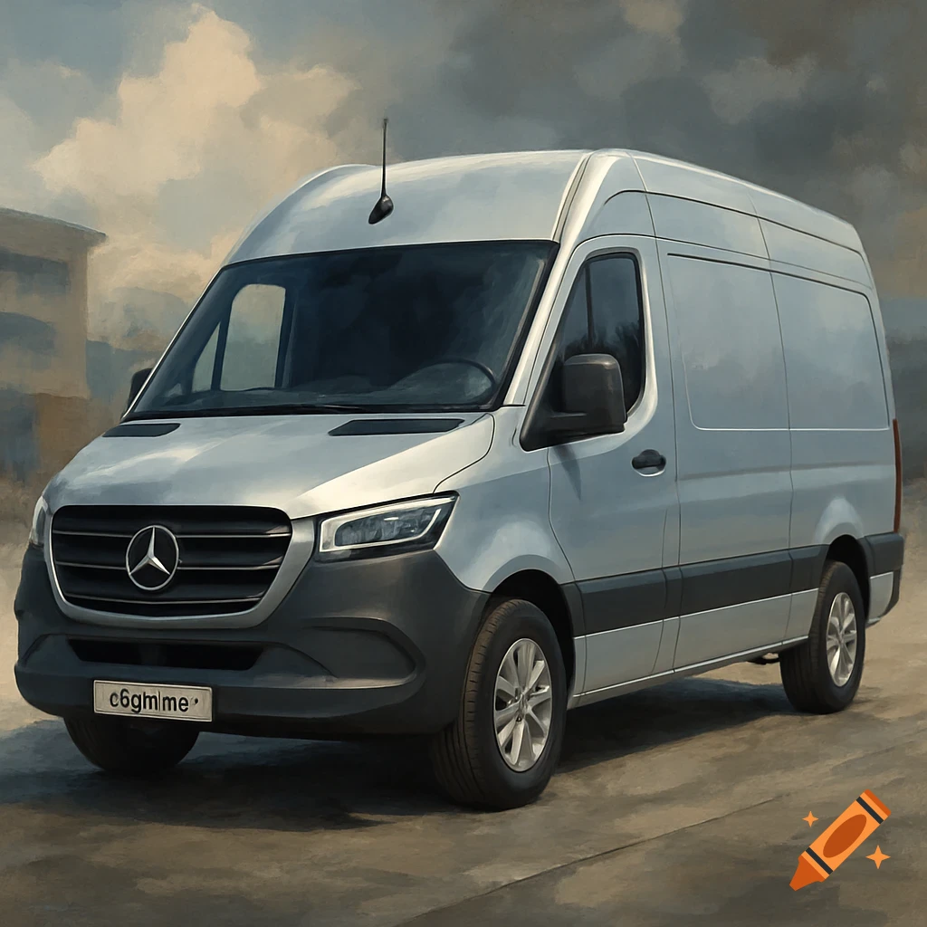 A silver Mercedes Benz E-Sprinter van parked outside, rendered in a ...