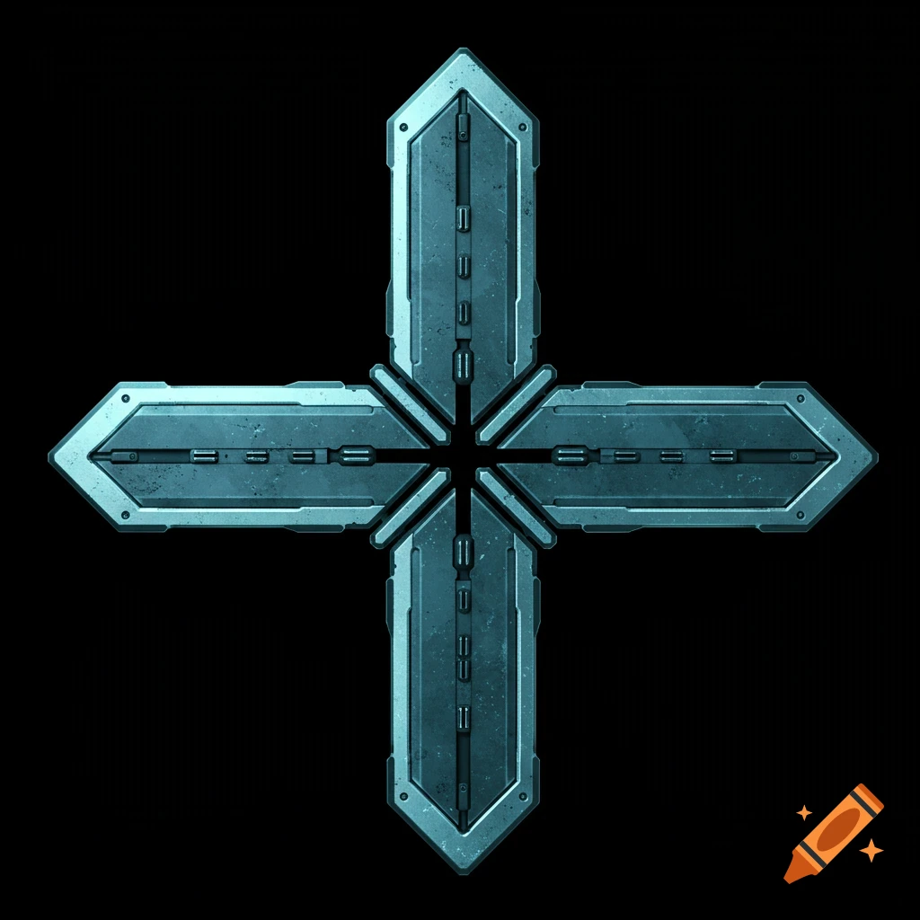 A metallic, futuristic cross shape design on a black background on Craiyon