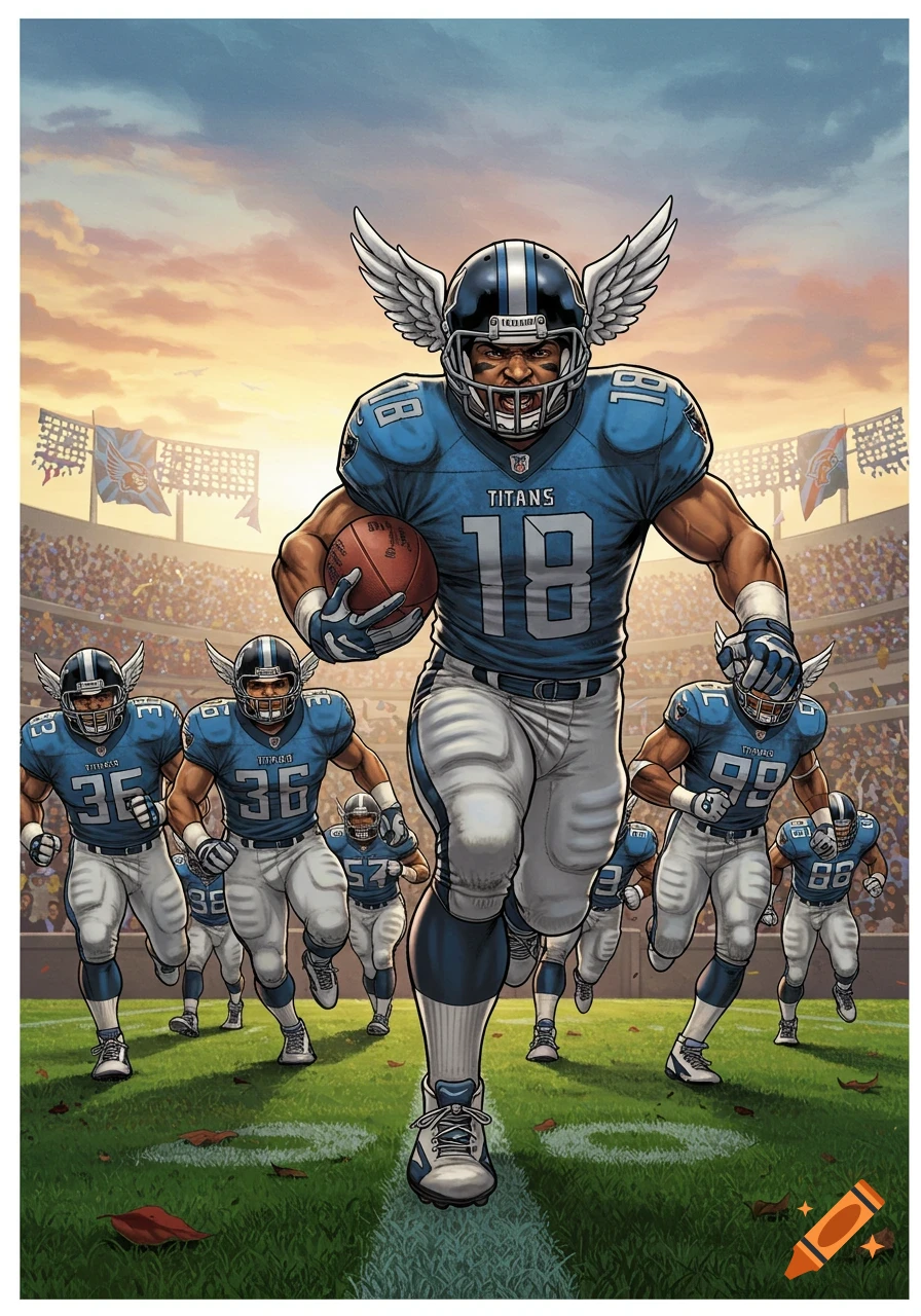 Comic illustration of football players in blue and white uniforms ...