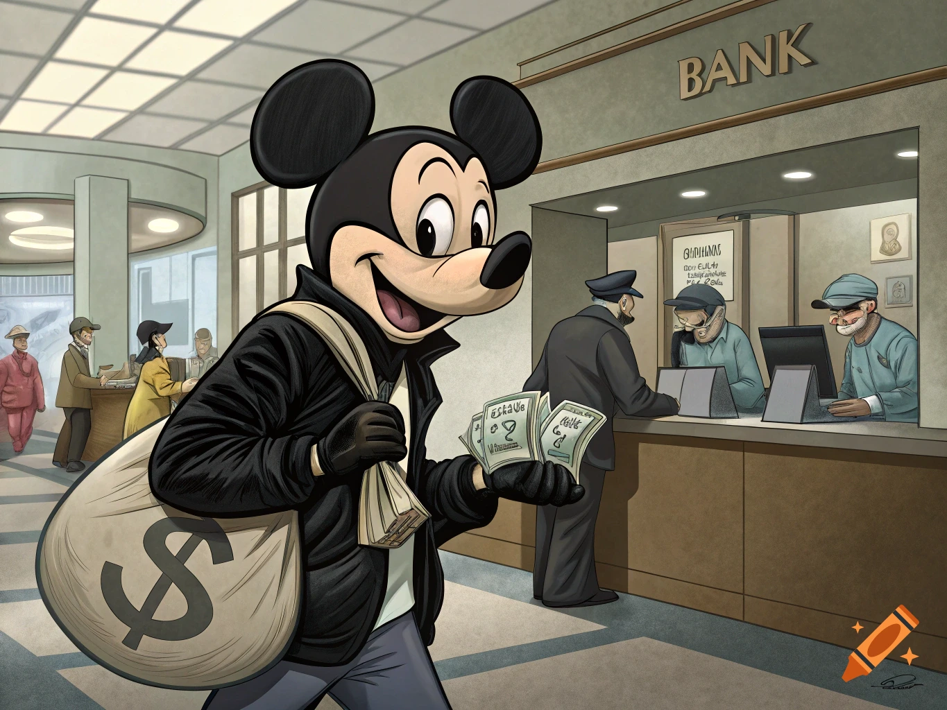 Cartoon illustration of Mickey Mouse robbing a bank, holding cash and a ...