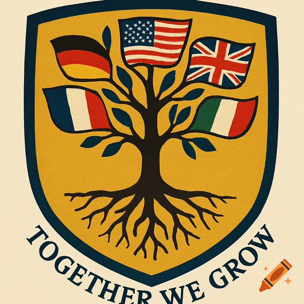 A shield crest with a tree bearing flags of Germany, USA, UK, France ...