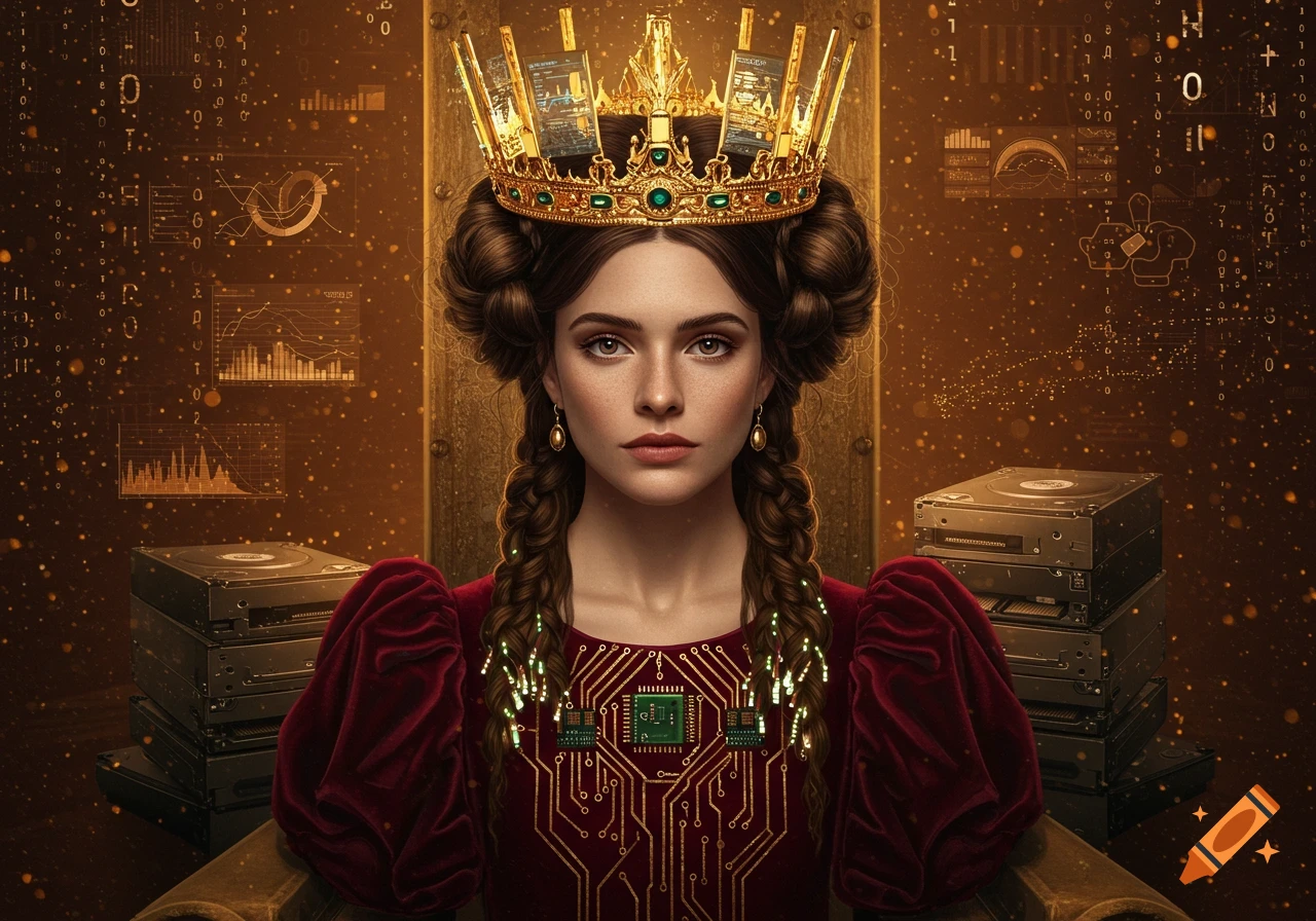 Portrait of a data queen wearing a crown with screens and a circuit ...