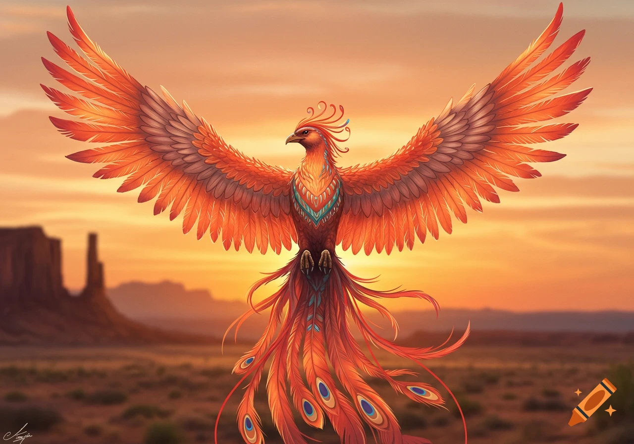 A vibrant red and orange phoenix with widespread wings stands in a ...