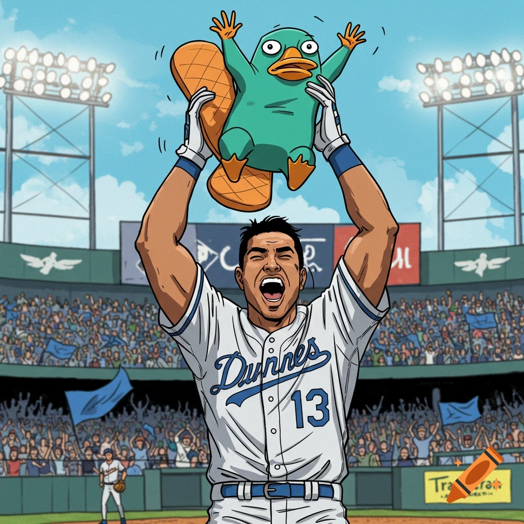 Cartoon illustration of a baseball player in a stadium lifting Perry ...