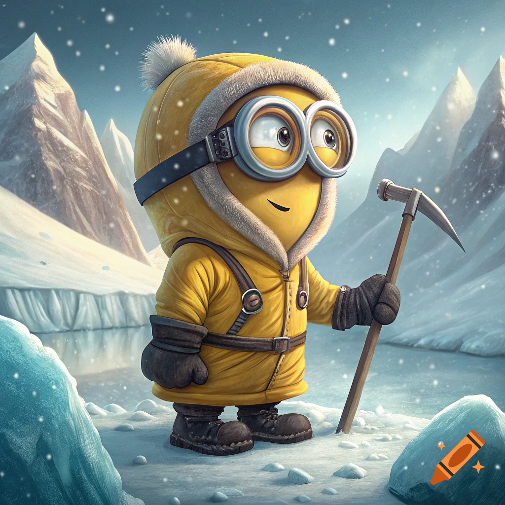 A Minion character in yellow climbing gear stands in a snowy mountain ...