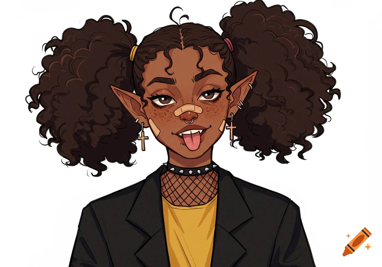 Cartoon portrait of a fantasy character with curly pigtails, pointy ...