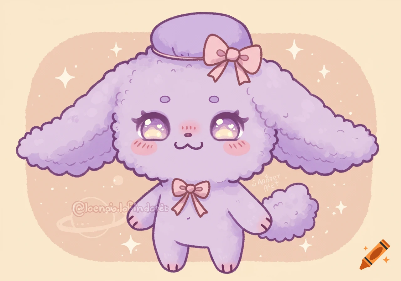Cute purple fluffy animal character illustration with a hat and bow. on ...