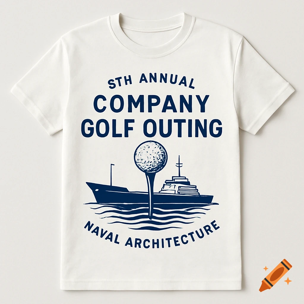 White t-shirt with blue graphic design for a golf outing and naval ...