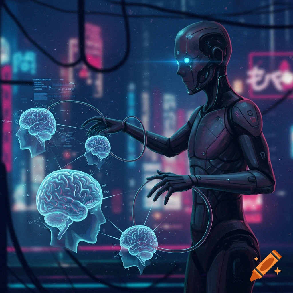 A robot interacts with floating human brains in a futuristic cyberpunk ...