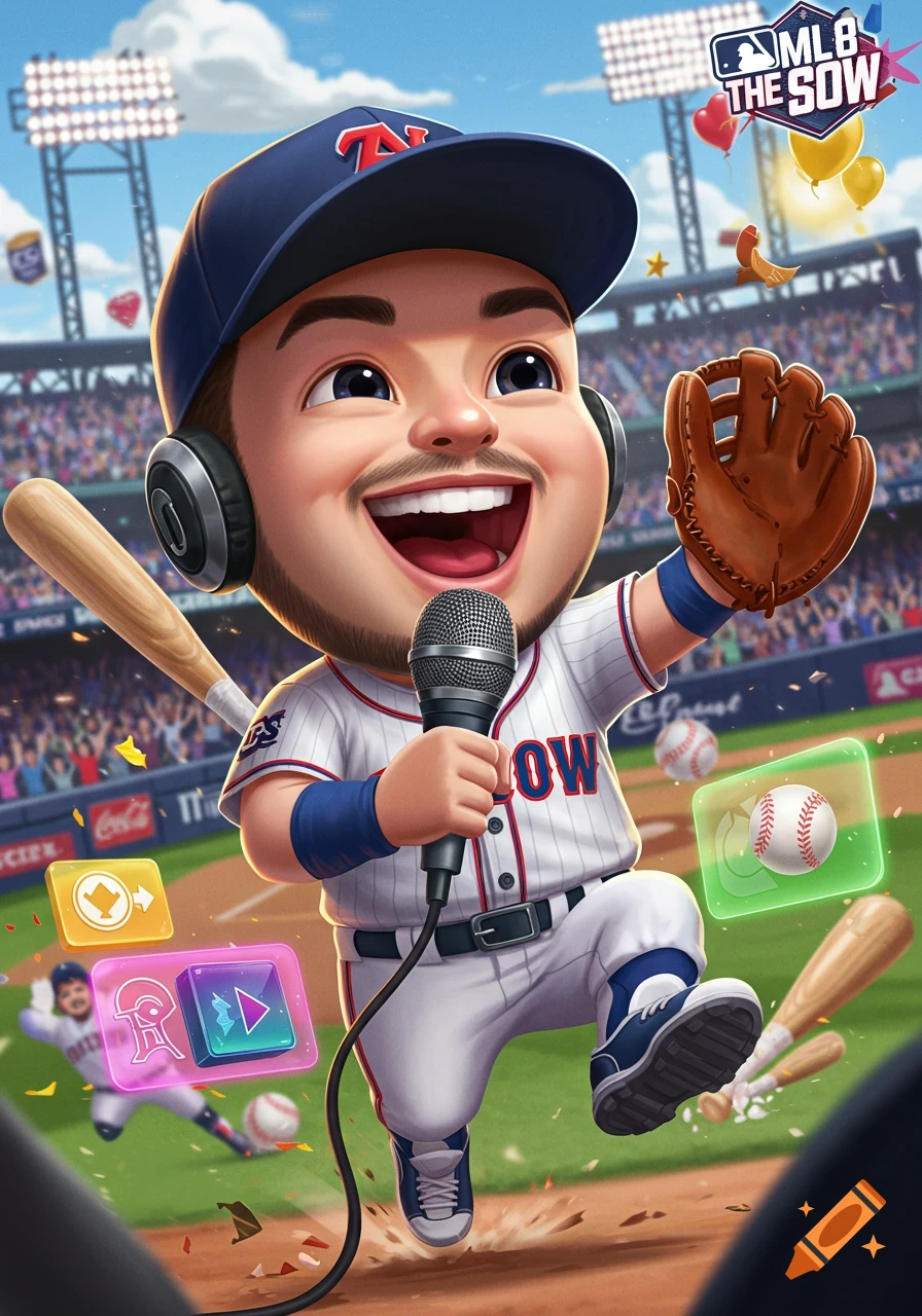 Cartoon baseball player with a large head, wearing headphones and a ...