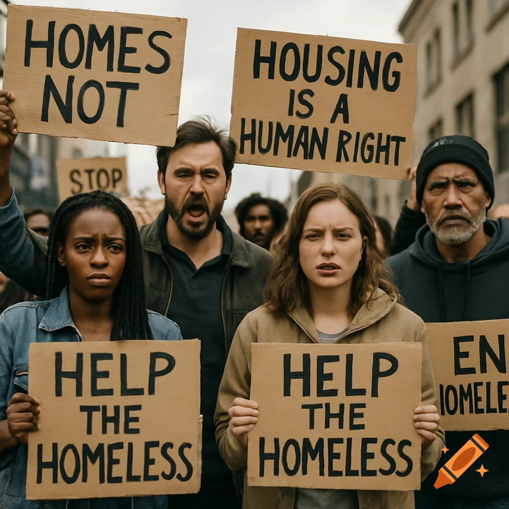 People hold signs protesting for homeless rights in a city street. on ...