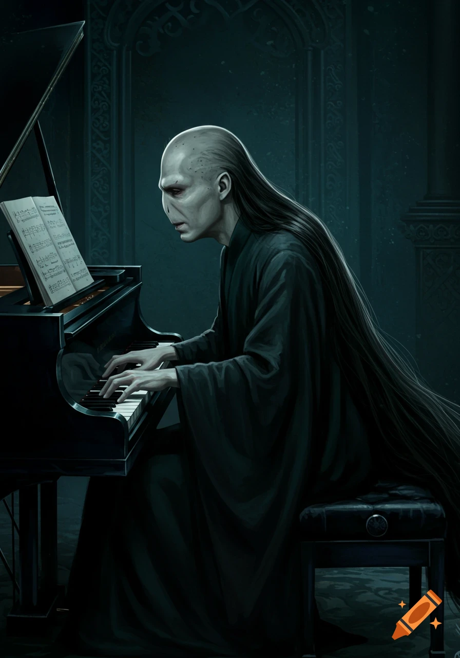 Voldemort with long black hair plays a grand piano in a dimly lit room ...