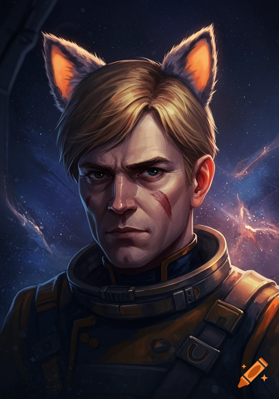 Portrait of a man with cat ears in a space suit against a nebula. on ...