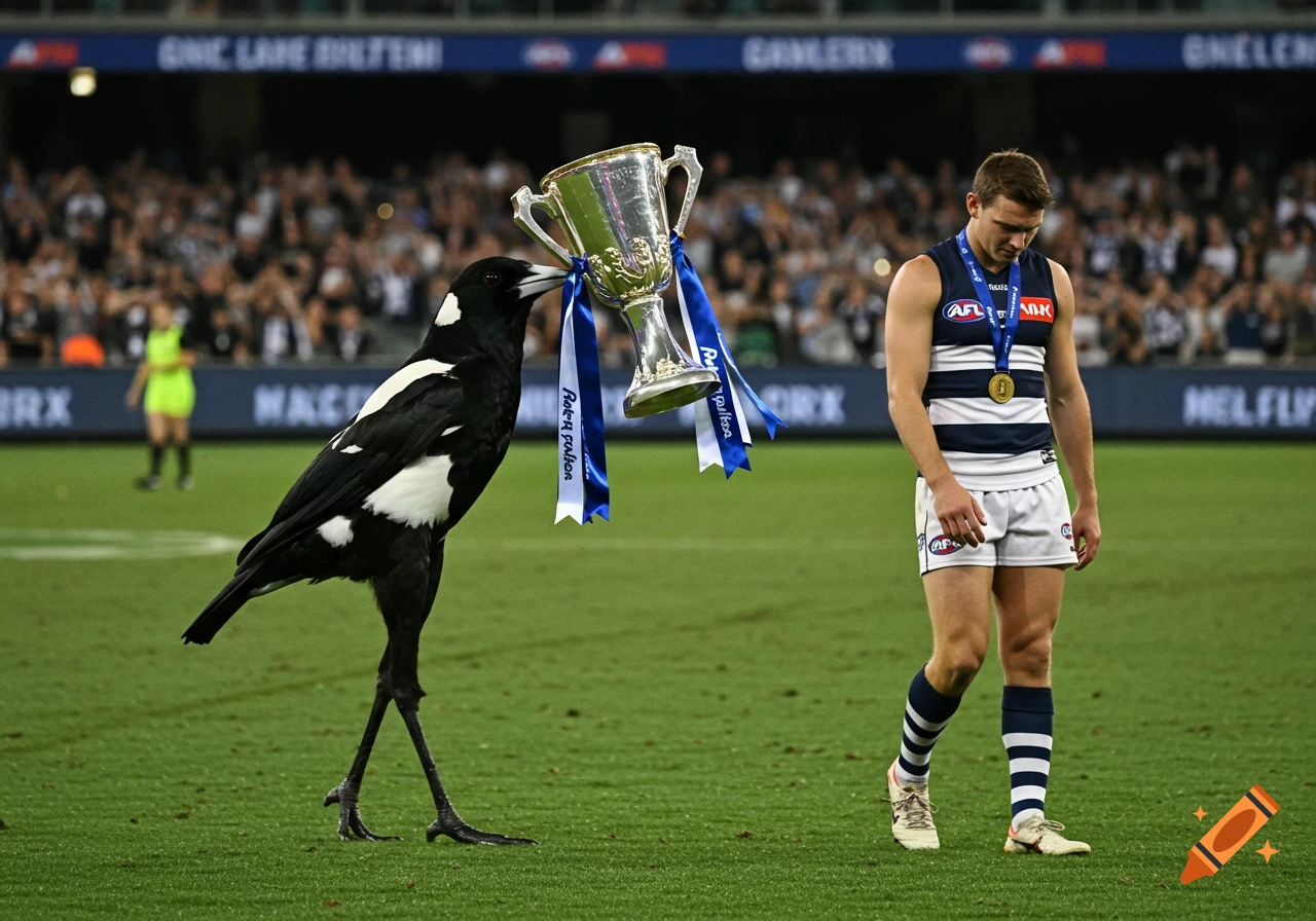 A magpie holds a large silver trophy in its beak on a sports field as a ...