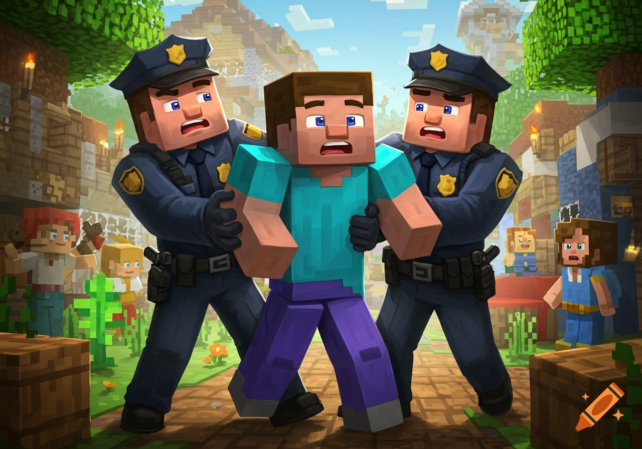 Minecraft Steve is arrested by two police officers in a village while ...
