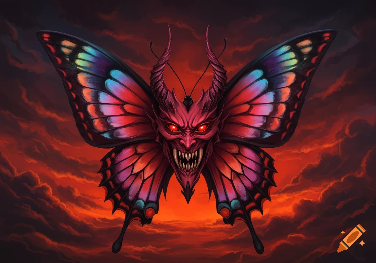 A demonic butterfly with red eyes, horns, and sharp teeth, with large ...
