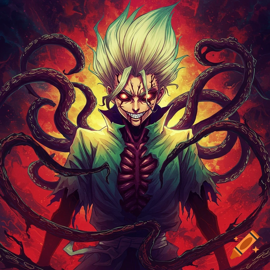 Anime illustration of a monster with green spiky hair, sharp teeth ...
