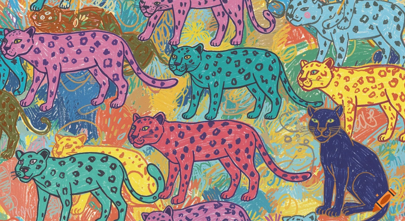 Colorful panthers in a child-like doodle style pattern on Craiyon