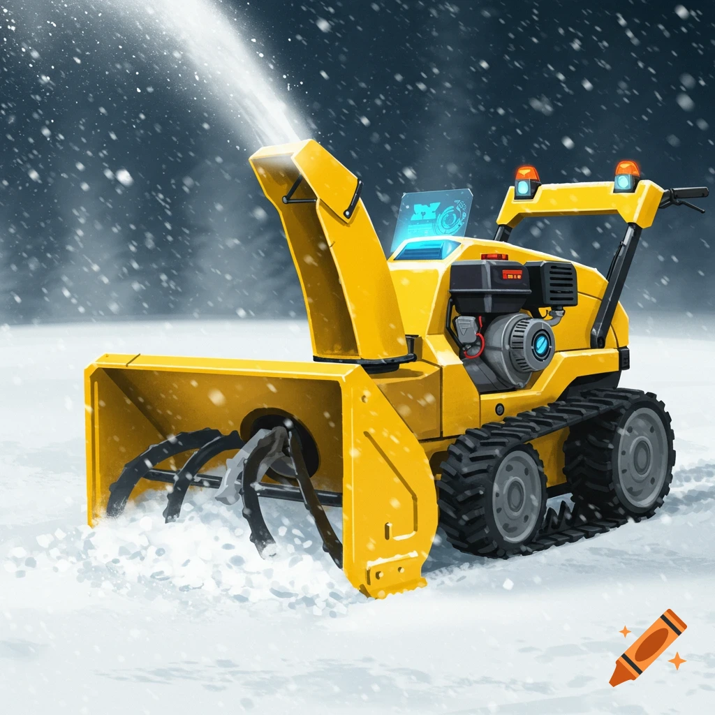 Stylized illustration of a yellow automatic snow blower clearing snow ...