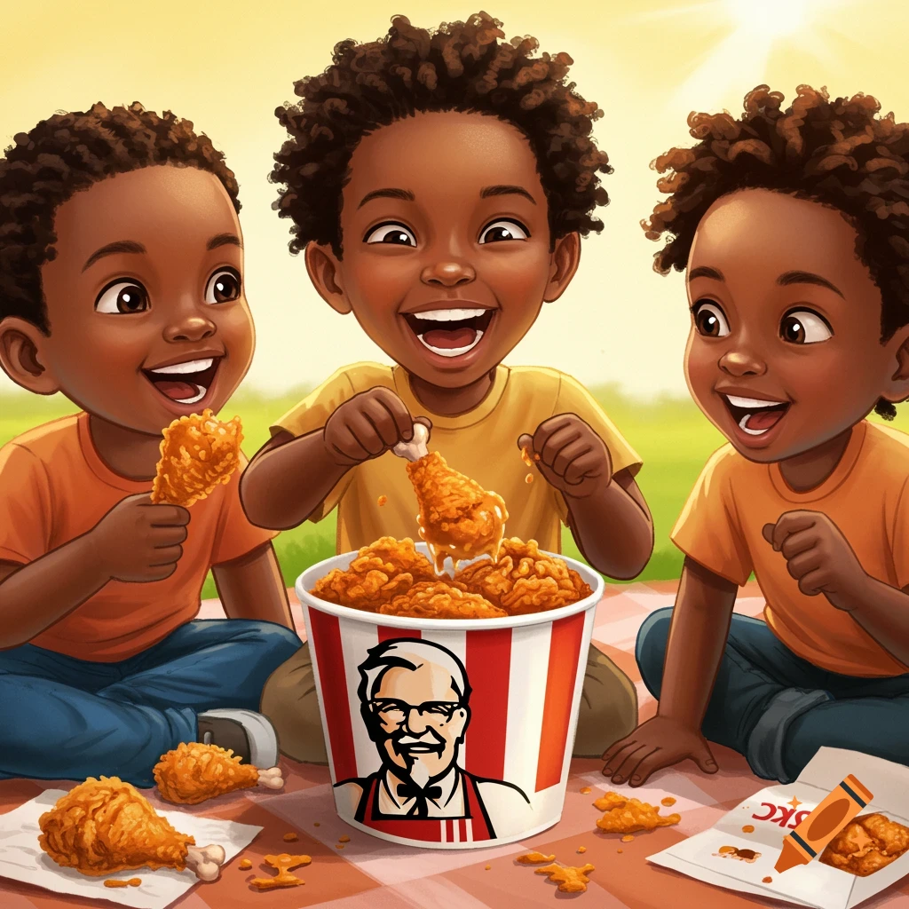 Stylized illustration of three happy children eating KFC chicken at a ...