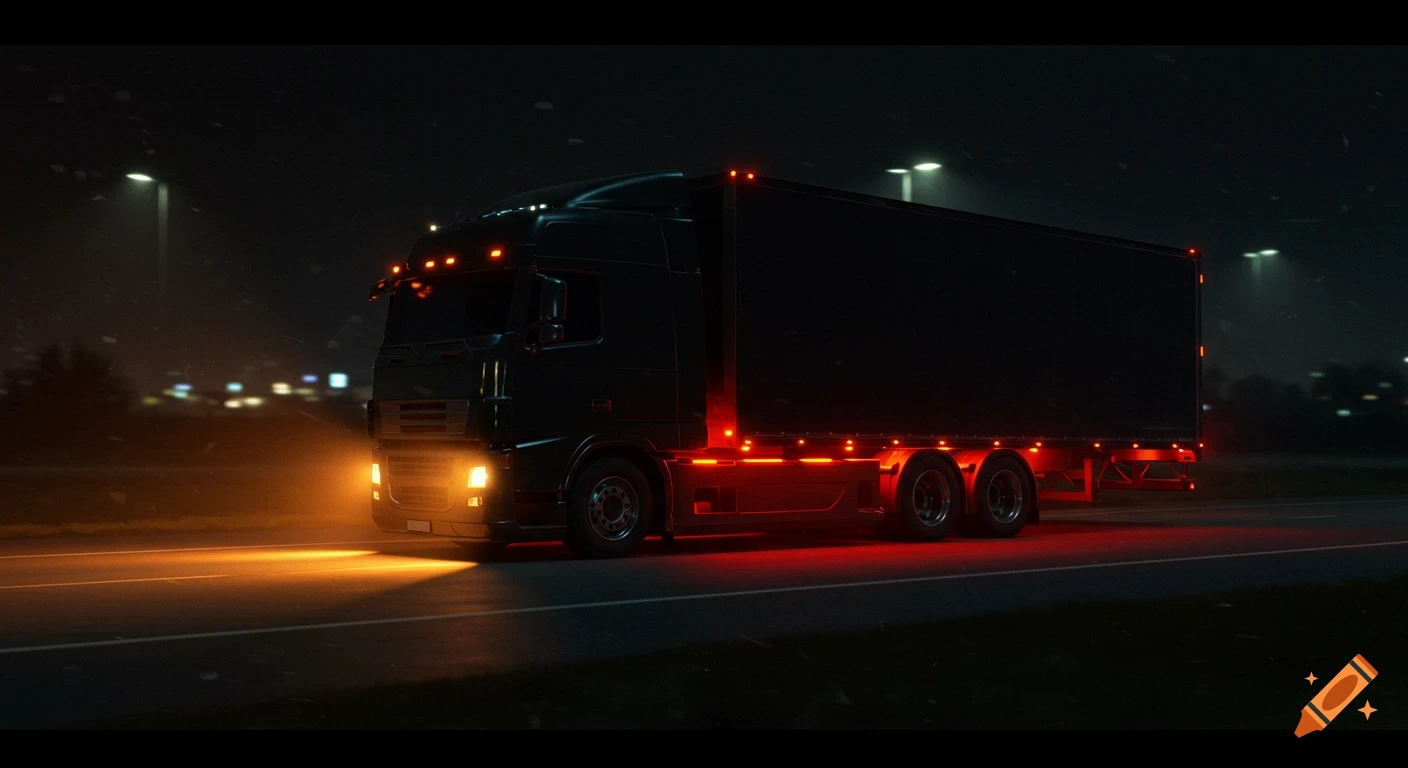 A black semi truck drives down a road at night, its running lights ...