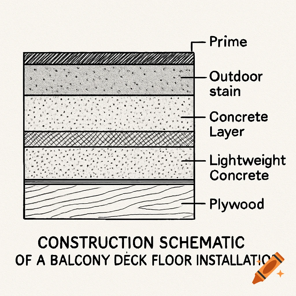 A construction schematic diagram shows the layers of a balcony deck ...