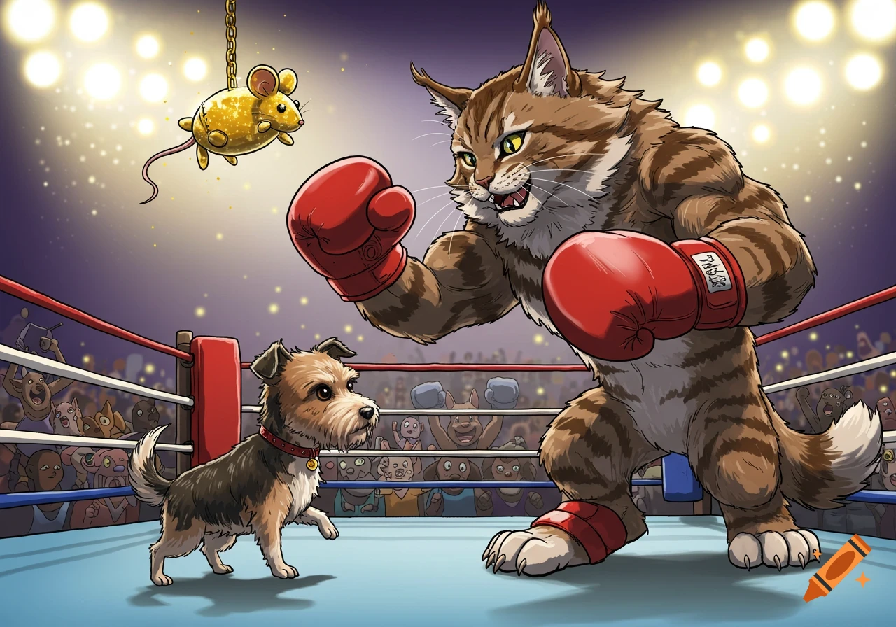 Cartoon illustration of a huge cat boxing a small dog in a ring for a ...