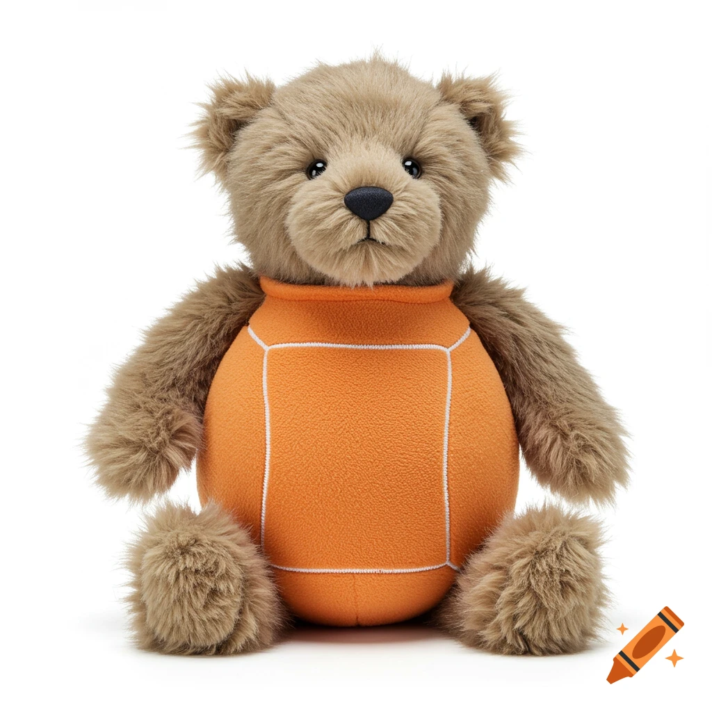 A fuzzy brown teddy bear wears an orange outfit with white lines ...