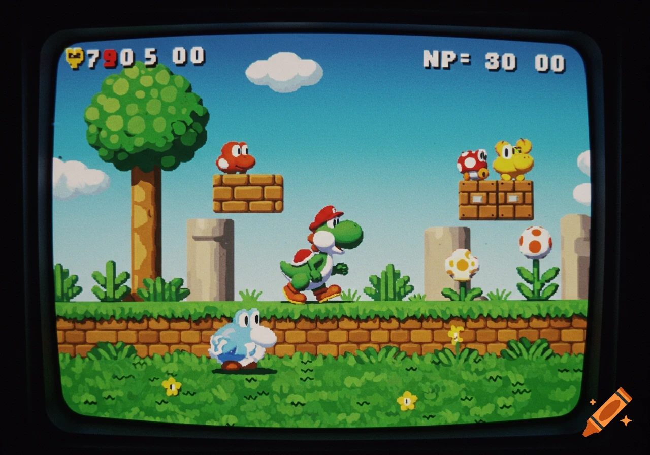 Pixel art Super Mario game screen with Yoshi, enemies, and score ...