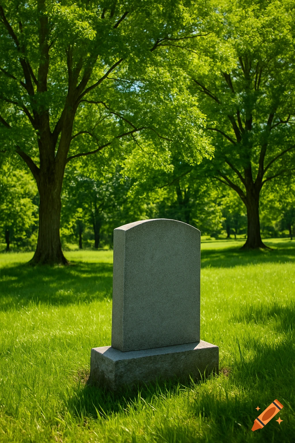A blank gravestone stands in a grassy field with large green trees ...