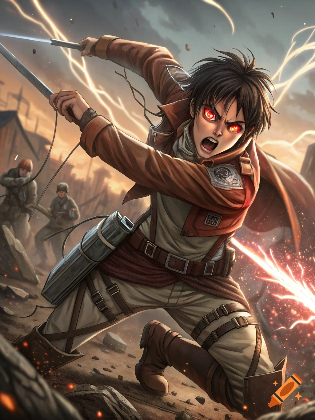 Eren Yeager in Attack on Titan gear flies through destroyed city ...