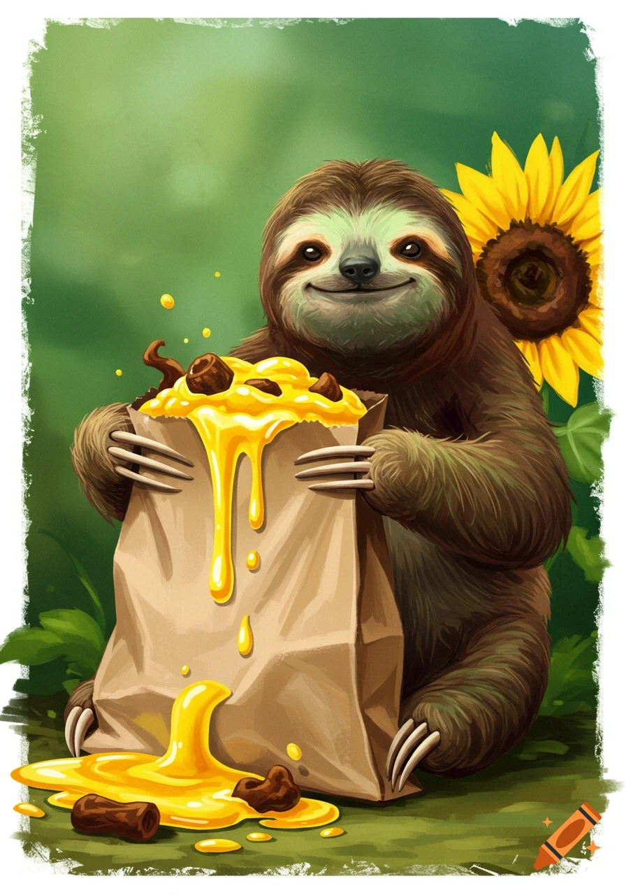 A cute sloth holds a paper bag overflowing with golden honey and brown ...