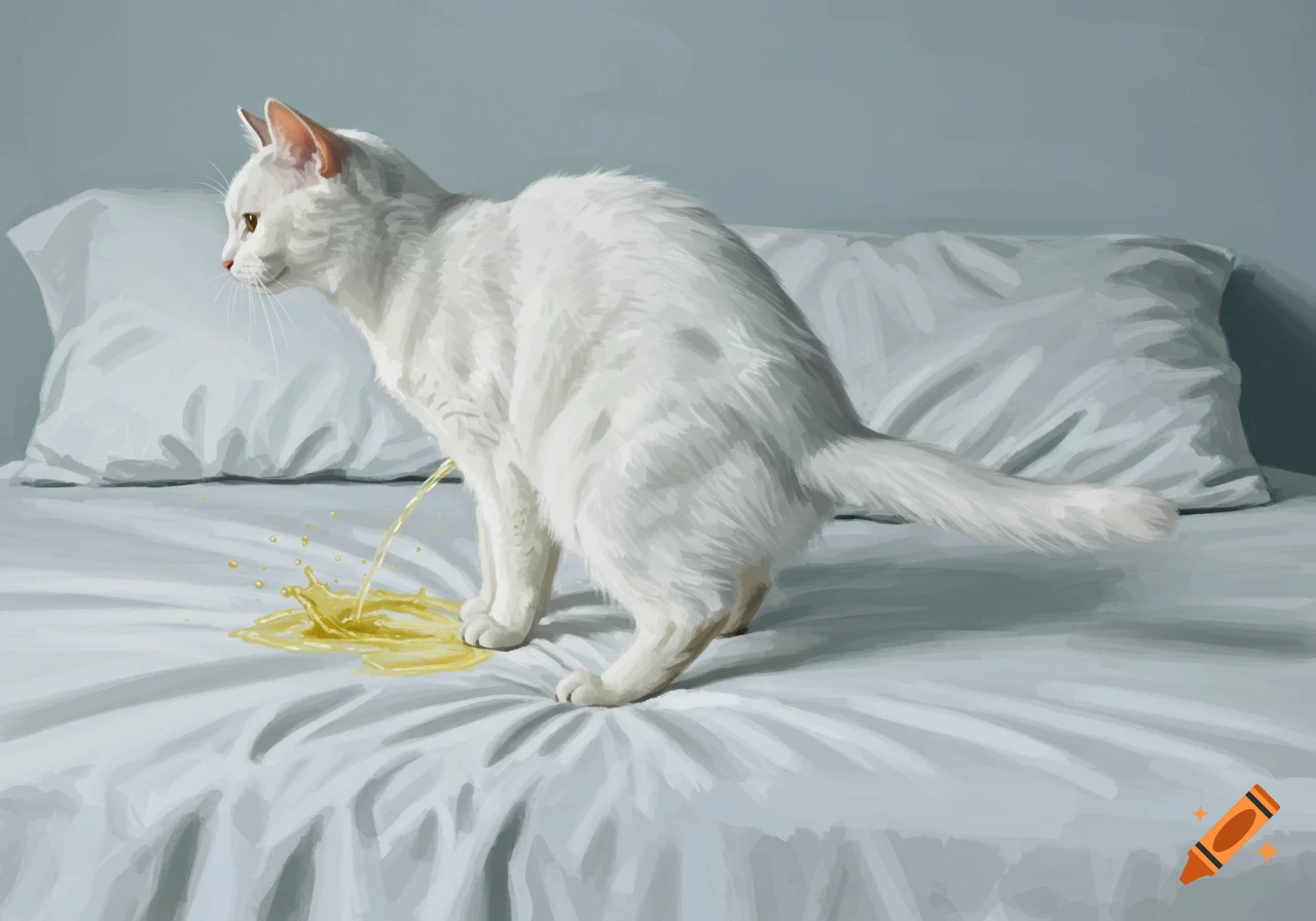 White cat urinating on a bed, digital painting on Craiyon
