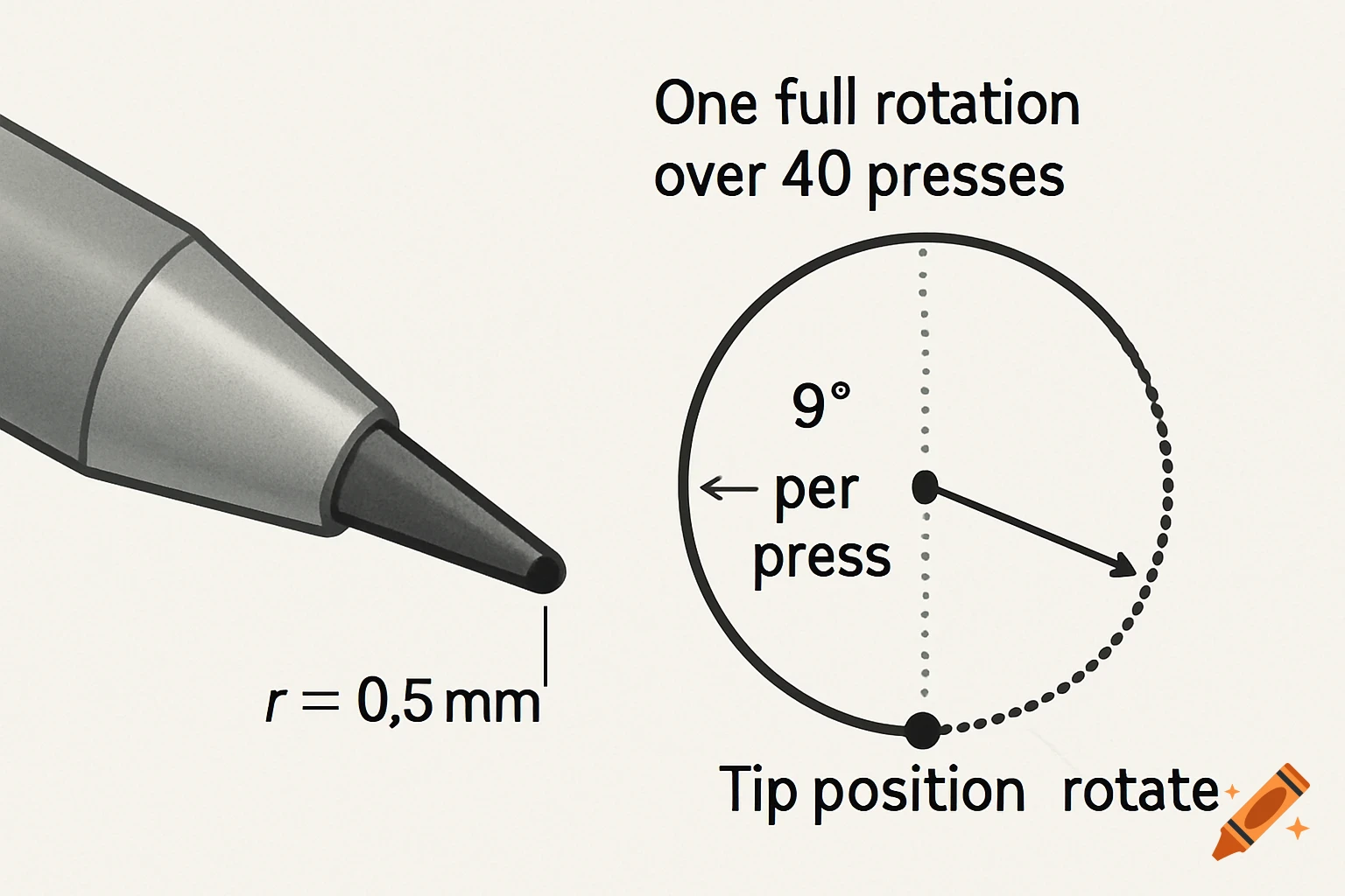 Illustration showing a pencil tip and a diagram explaining its rotation ...