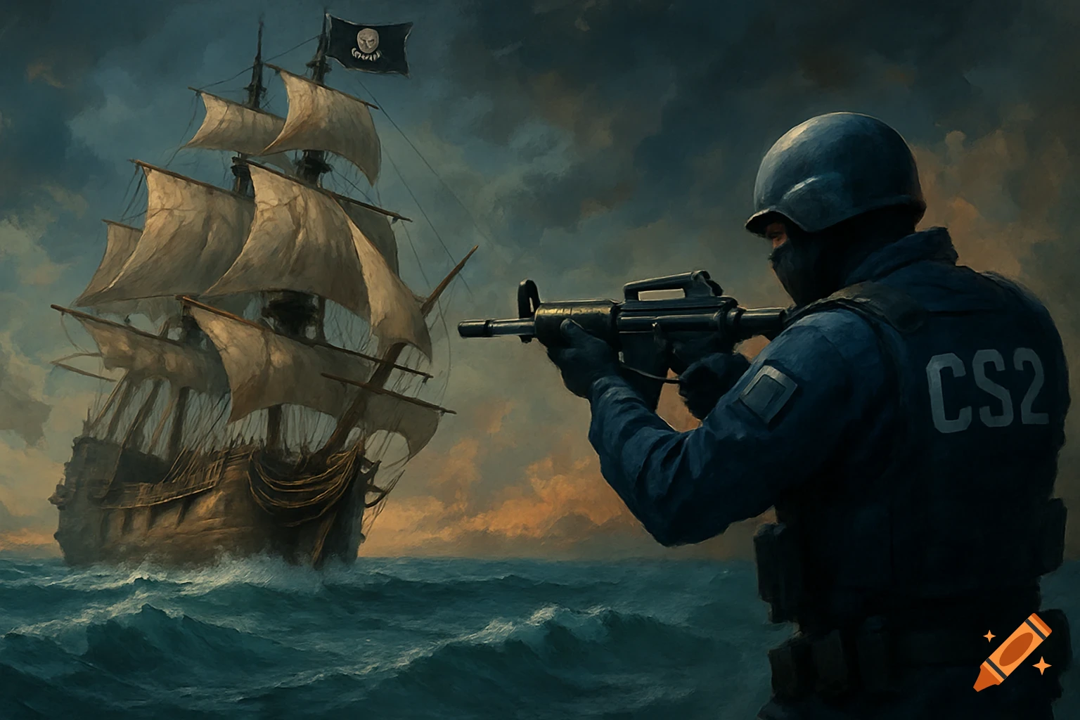 Digital painting of a person in tactical gear aiming a rifle at a ...