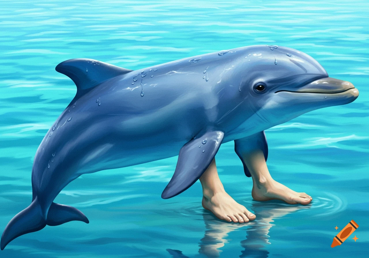 A dolphin stands on human feet in blue water. on Craiyon