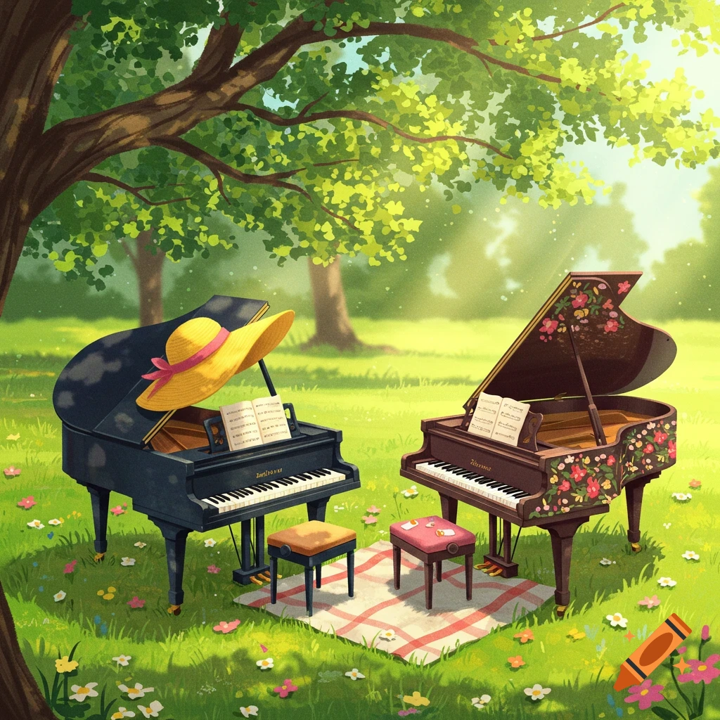 Two stylized grand pianos with sheet music sit in a sunny park with ...