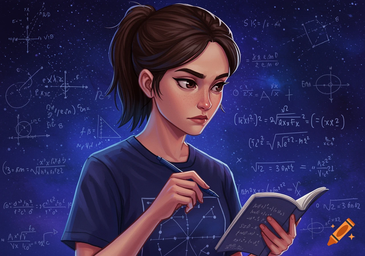 Illustration of a young woman studying math in a notebook, surrounded ...