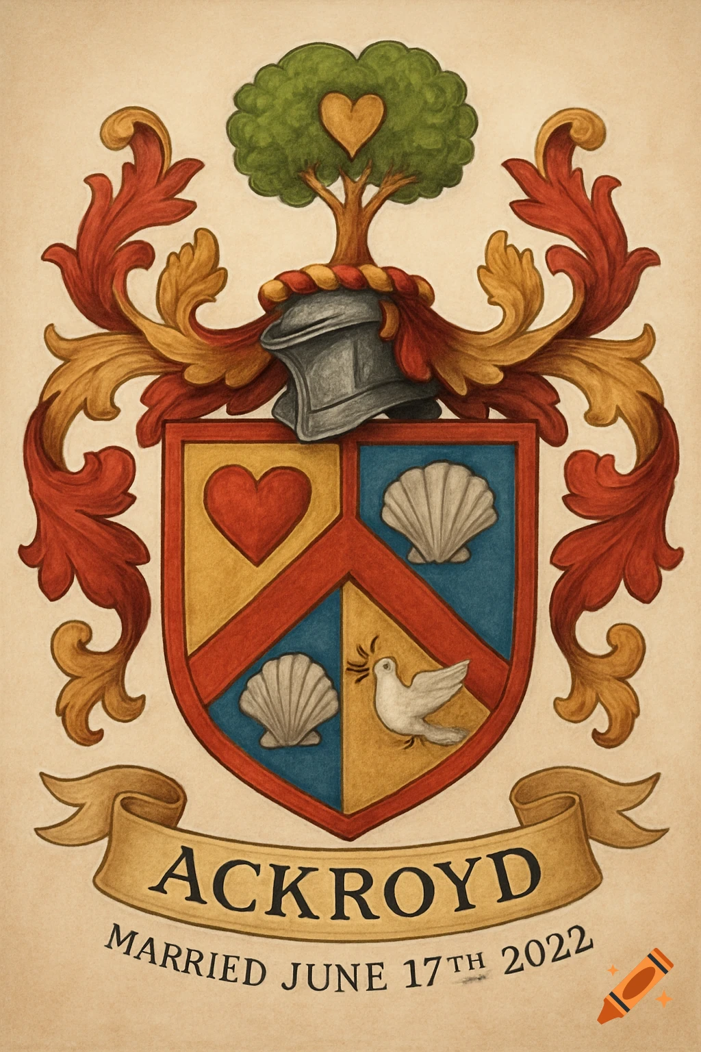 Traditional illustration of a family crest with shield, helmet, tree ...