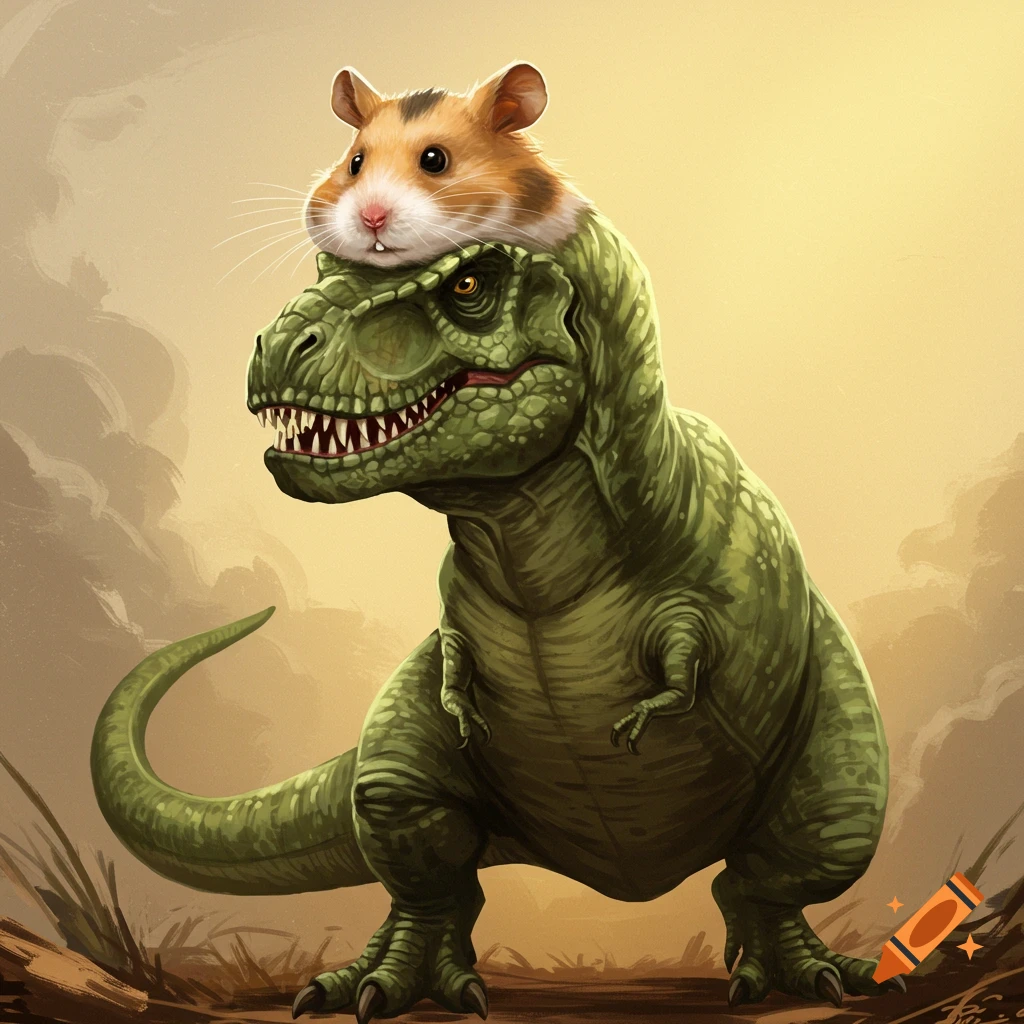 Digital illustration of a hamster head on a T-Rex body on Craiyon
