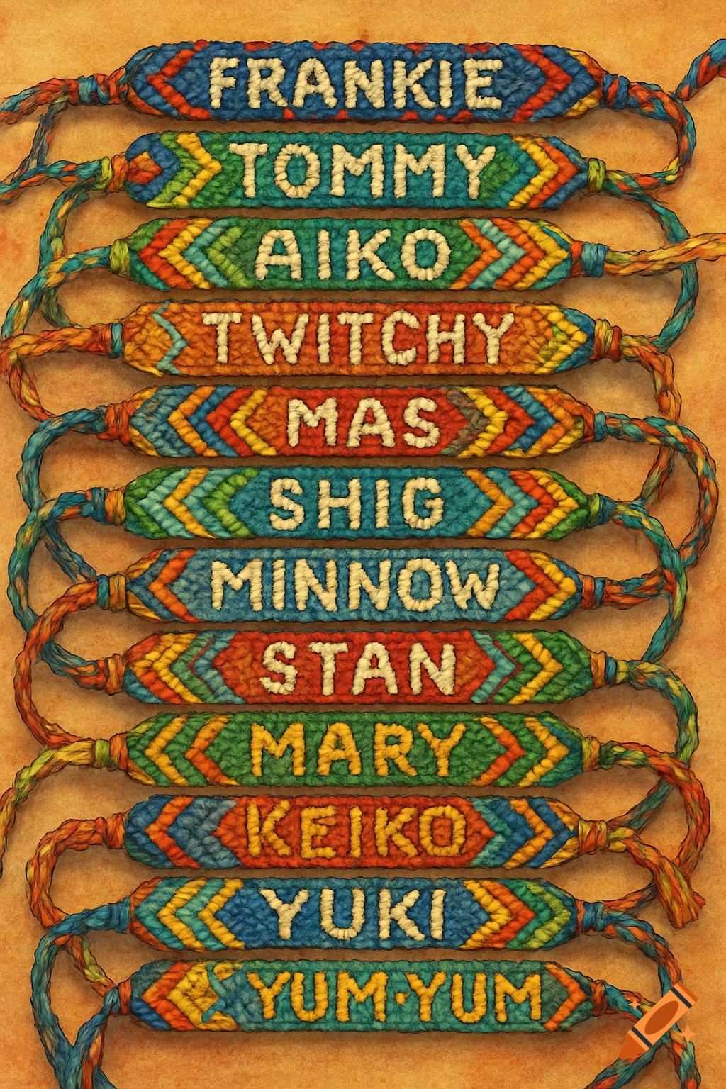 Close-up view of multiple colorful woven friendship bracelets stacked ...