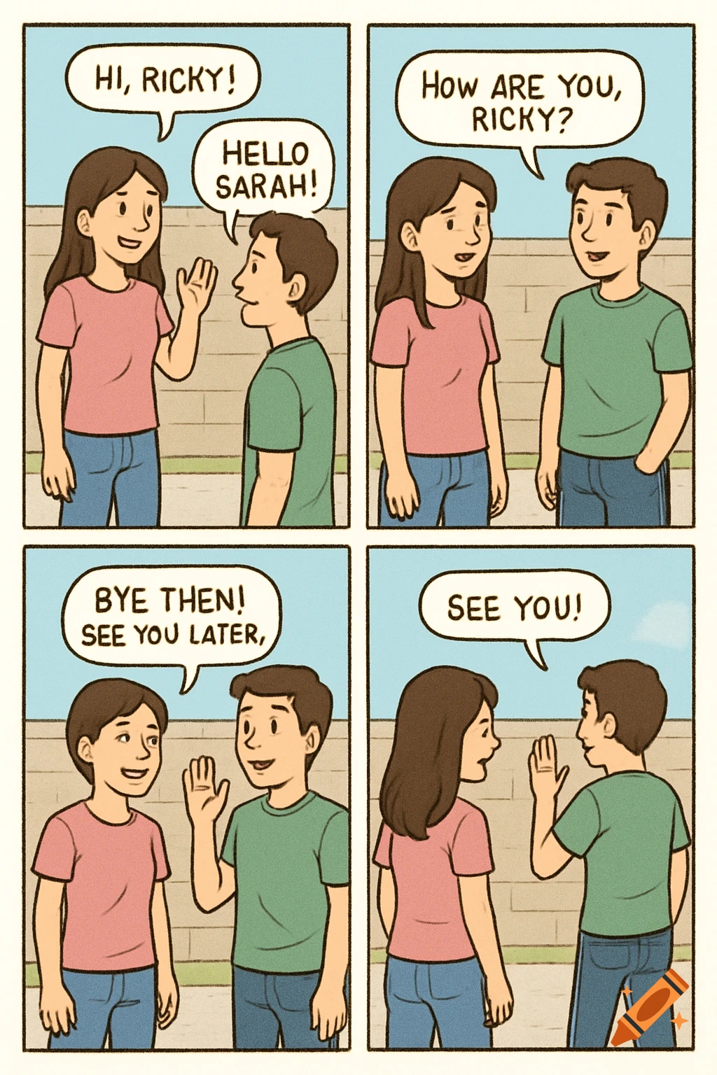 A four-panel comic strip shows a boy and girl greeting each other ...