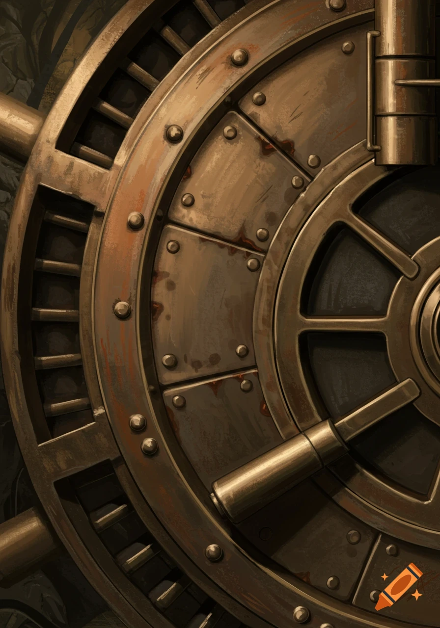 Close-up of a weathered metal vault door with rivets and handle. on Craiyon