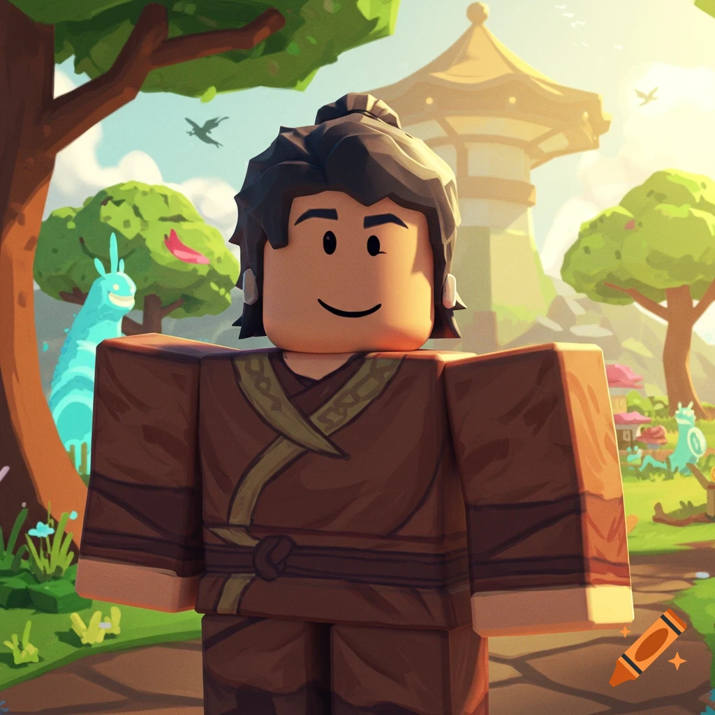 Roblox-style character in a brown outfit stands in a sunny fantasy ...