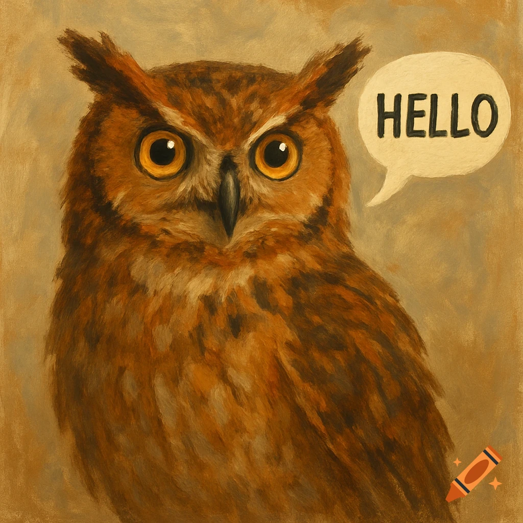 Close-up painting of an owl with a speech bubble saying HELLO. on Craiyon