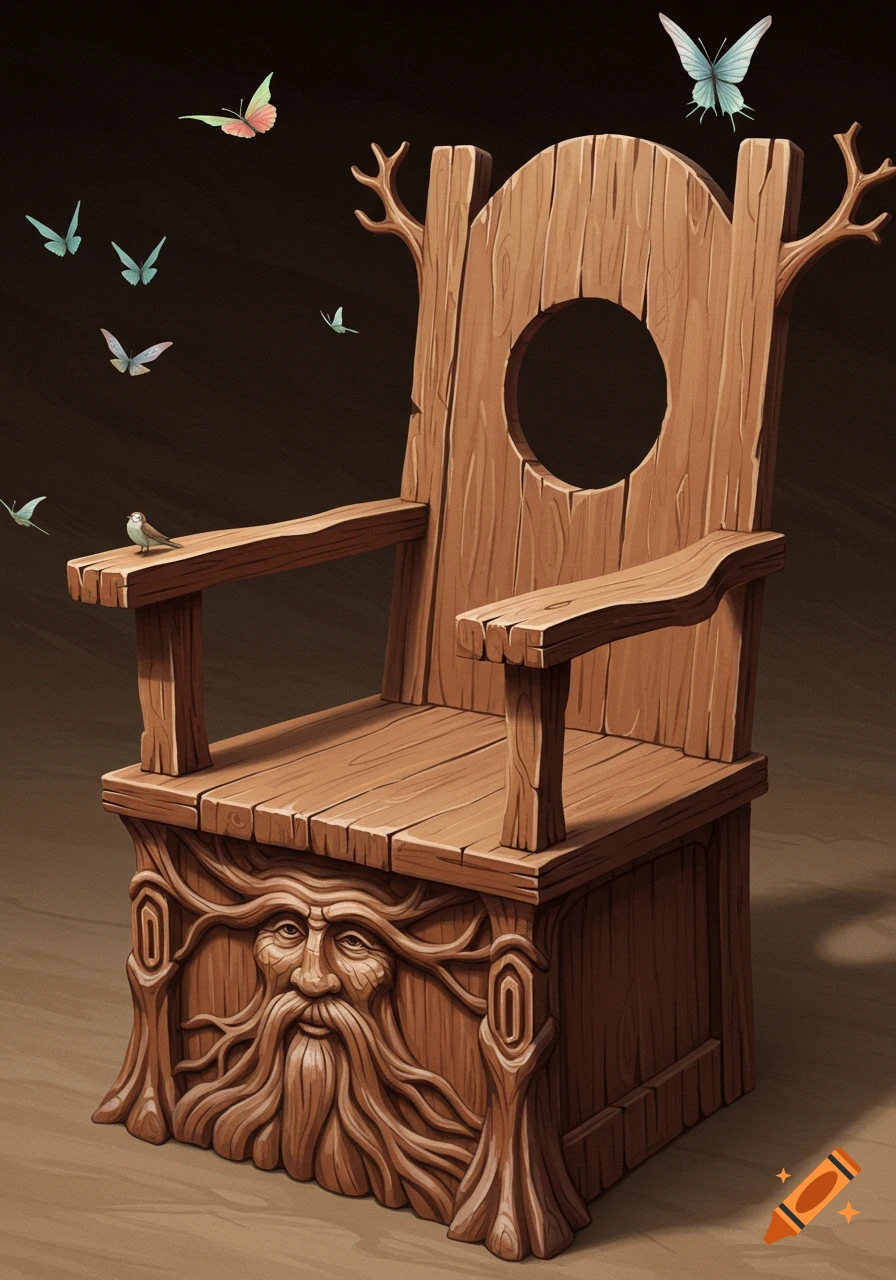 Illustrative image of a wooden fantasy chair with a carved face base ...
